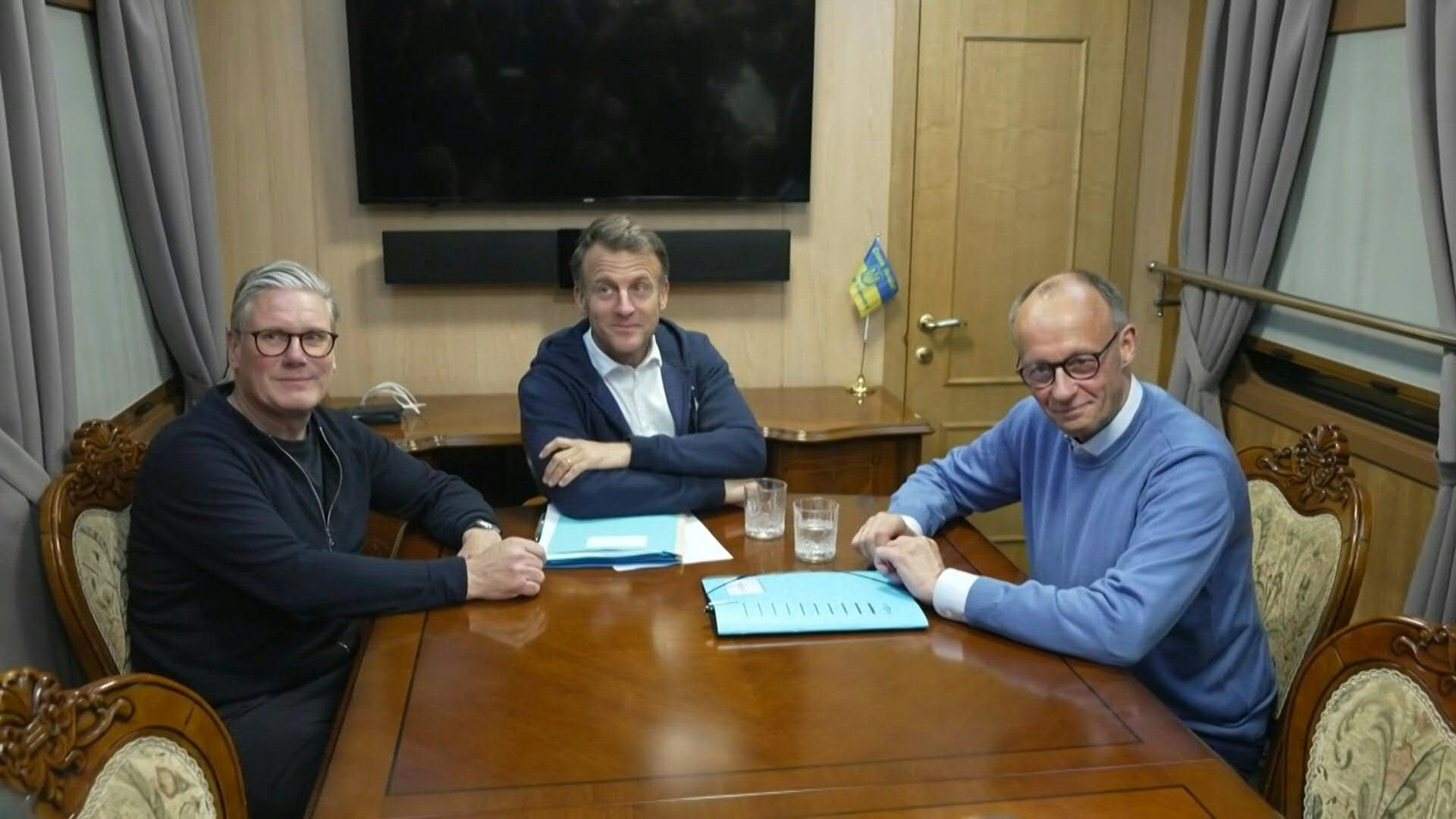 Video: Macron, Merz and Starmer meet aboard a train to Kyiv